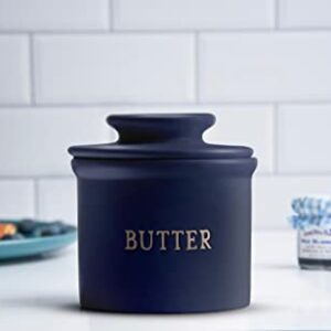 Kook Butter Keeper Dish, French Ceramic Crock with Lid, Embossed Container, For Soft Butter (Matte Navy)