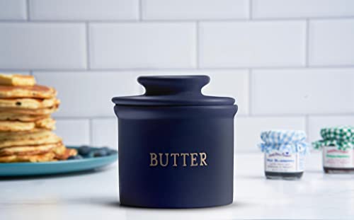 Kook Butter Keeper Dish, French Ceramic Crock with Lid, Embossed Container, For Soft Butter (Matte Navy)