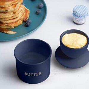 Kook Butter Keeper Dish, French Ceramic Crock with Lid, Embossed Container, For Soft Butter (Matte Navy)