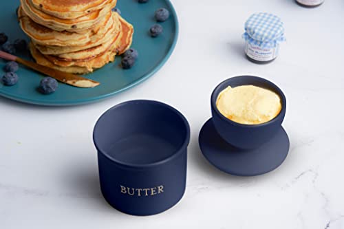 Kook Butter Keeper Dish, French Ceramic Crock with Lid, Embossed Container, For Soft Butter (Matte Navy)