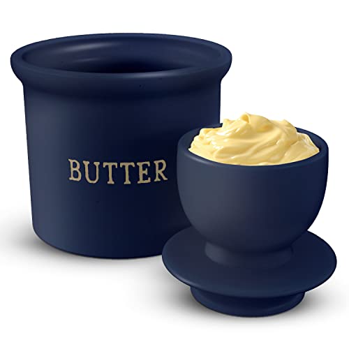 Kook Butter Keeper Dish, French Ceramic Crock with Lid, Embossed Container, For Soft Butter (Matte Navy)