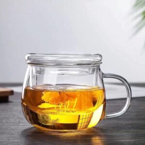 HOVOL Tea Mug with Infuser and Lid - 13.5oz Heat Resistant Borosilicate Glass, Clear Teacup with Strainer for Loose Leaf Tea, Blooming Tea, and Tea Bags - Ideal for Tea Lovers