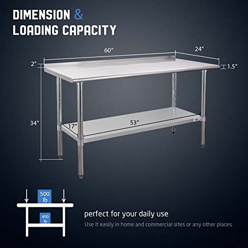 Profeeshaw Stainless Steel Prep Table with Double Overshelf NSF Commercial Work Table with Backsplash and Undershelf for Kitchen Restaurant 24×60 Inch