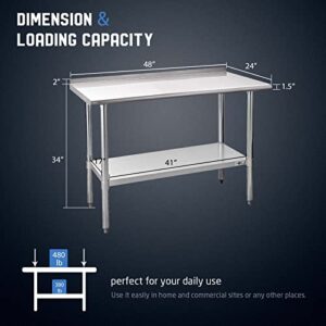 Profeeshaw Stainless Steel Prep Table with Double Overshelf NSF Commercial Work Table with Backsplash and Undershelf for Kitchen Restaurant 24×48 Inch