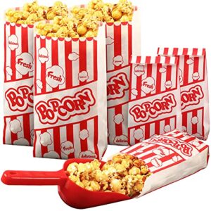 mimorou 200 pcs 2 oz 1 popcorn bags disposable paper grease resistant container retro small sleeves, plastic hand scoop red for movie theater home kitchen