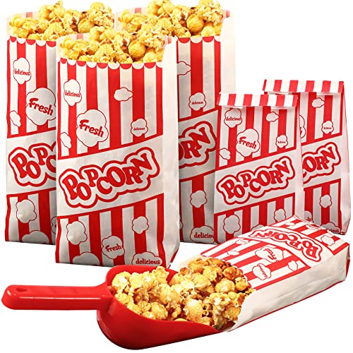 Mimorou 200 Pcs 2 oz 1 Popcorn Bags Disposable Paper Grease Resistant Container Retro Small Sleeves, Plastic Hand Scoop Red for Movie Theater Home Kitchen