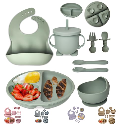 mutualproducts - Baby Feeding Set 8-Piece | Baby Led Weaning Utensils Set Includes Suction Bowl and Plate, Baby Spoon and Fork, Sippy Cup with Straw and Lid | Baby Feeding Supplies (Army Green)