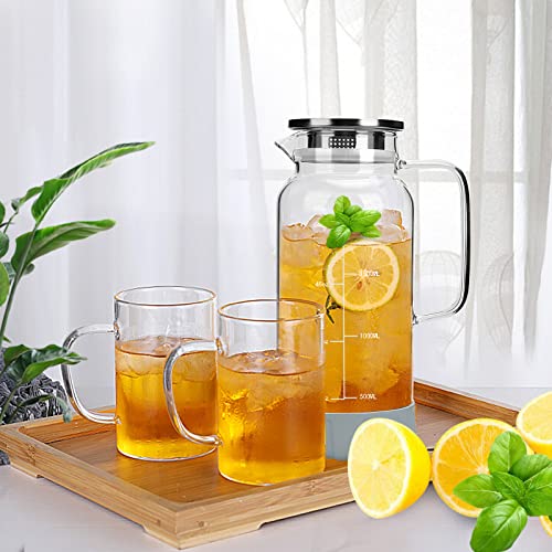 BOQO Glass Pitcher 68oz/2000ml,Pitcher with lid and Precise Scale Line,Tea Pitcher,Glass Water Jug,Glass Water Pitcher,with Particular Coaster.