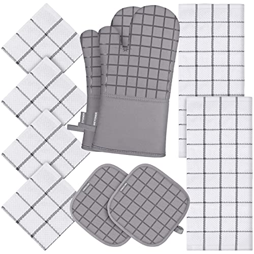 Oven Mitts and Kitchen Towels and Dishcloths Sets, 500 Degree Heat Resistant Kitchen Mitts and Pot Holders, Kitchen Washcloth Towel Set, Pure Cotton Kitchen Hand Towels Sets Hanging Loop 10PCS Gray