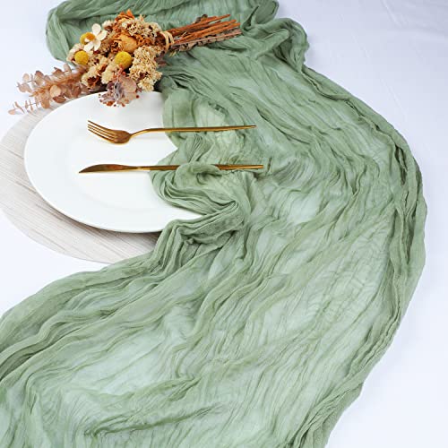 Snowkingdom 13Ft Sage Green Cheesecloth Table Runner, 160inch Long Cheese Cloth Boho Gauze Table Runner for Wedding Bridal Baby Shower Birthday Holiday Party Rustic Sheer Table Decorations