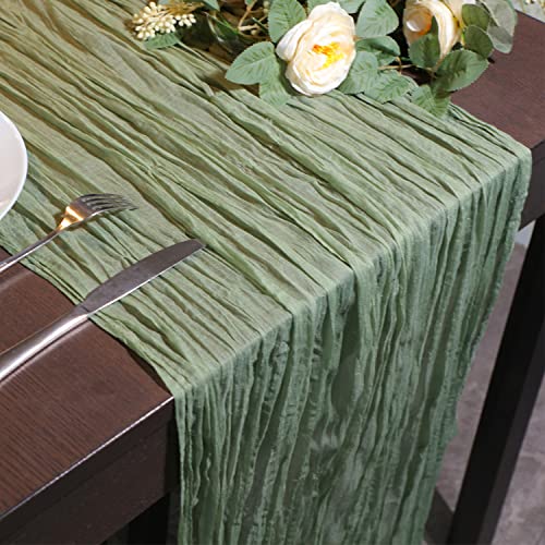 Snowkingdom 13Ft Sage Green Cheesecloth Table Runner, 160inch Long Cheese Cloth Boho Gauze Table Runner for Wedding Bridal Baby Shower Birthday Holiday Party Rustic Sheer Table Decorations