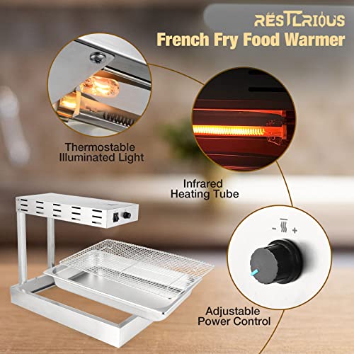 Restlrious French Fry Warmer Commercial Heat Lamp Food Warmer, Free Standing Electric Infrared Heating Dump Station, 500W Stainless Steel Food Warming Light w/Drain Board Drip Pan for Fries 4” Deep