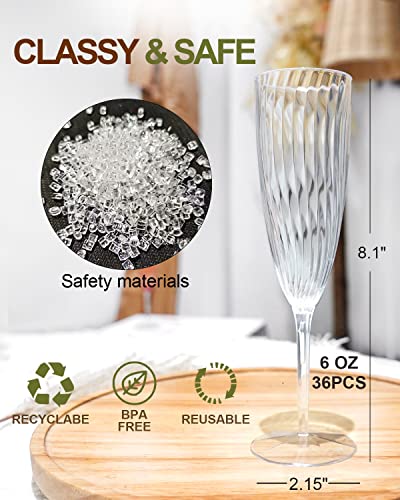 Walee Koky Plastic Champagne Flutes, 36 PCS Clear Disposable Wine Glasses Reusable Plastic Cocktail Cups for Home Daily Life Party Birthday Wedding Toasting Drinking Champagne(6 oz)