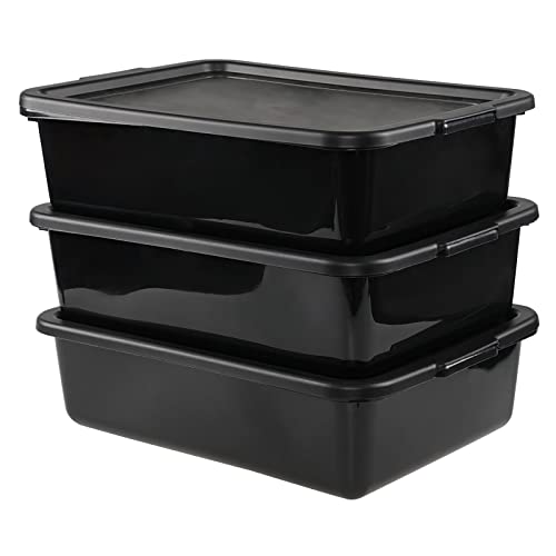 CAND 3 Packs 13 L Restaurant Bus Tubs with Lid, Black Commercial Dish Tubs Plastic