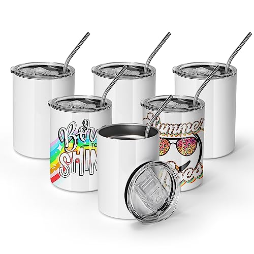 AGH 10 oz White Sublimation Tumblers Blanks, 6 Pack Straight Stainless Steel Tumbler with Splash-proof Slide Lid and Metal Straw, Straw Brush, Double Wall Vacuum Cups Wine Bulk