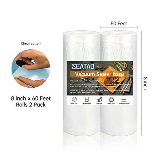 SEATAO Vacuum Sealer Bags，8“ X 60' Rolls 2 Pack for Food Saver, Seal a Meal, Bpa Free,commercial Grade, Great for Vac Storage, Meal Prep or Sous Vide