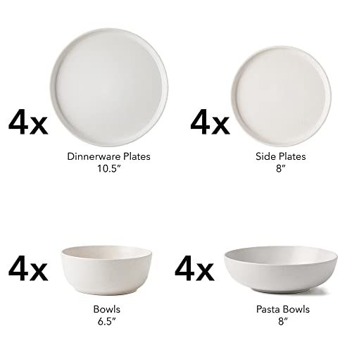 ARORA SKUGGA Round Stoneware 16pc Double Bowl Dinnerware Set for 4, Dinner and Side Plates, Cereal and Pasta Bowls - Matte White (466077)