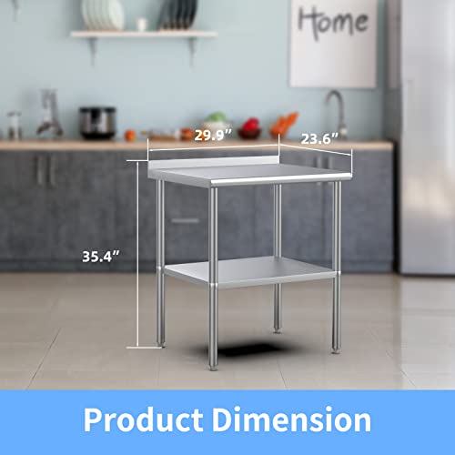 ROVSUN 30'' x 24'' Stainless Steel Table for Prep & Work,Commercial Worktables & Workstations,Heavy Dut Metal Table with Adjustable UnderShelf & Backsplash for Kitchen, Restaurant,Home,Hotel