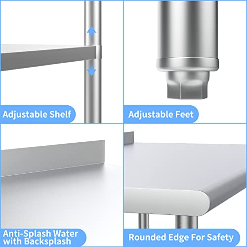 ROVSUN 30'' x 24'' Stainless Steel Table for Prep & Work,Commercial Worktables & Workstations,Heavy Dut Metal Table with Adjustable UnderShelf & Backsplash for Kitchen, Restaurant,Home,Hotel