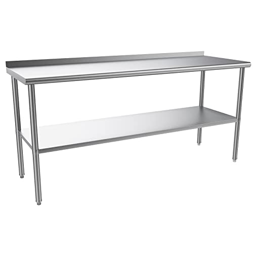 ROVSUN 72'' x 24'' Stainless Steel Table for Prep & Work,Commercial Worktables & Workstations,Heavy Dut Metal Table with Adjustable UnderShelf & Backsplash for Kitchen, Restaurant,Home,Hotel