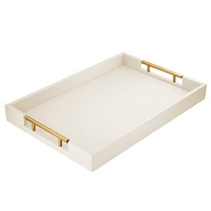 17" x 12" wood serving tray with gold polished metal handles, home decorative wooden rectangle ottoman decor platter bathroom vanity tray for all occasions white