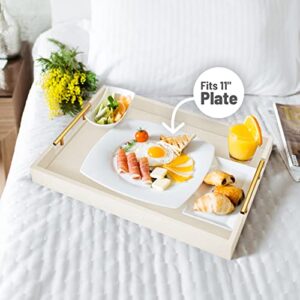 17" x 12" Wood Serving Tray with Gold Polished Metal Handles, Home Decorative Wooden Rectangle Ottoman Decor Platter Bathroom Vanity Tray for All Occasions White