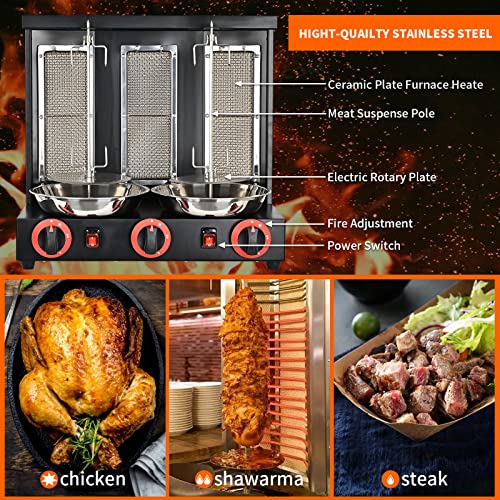 Lifancy Shawarma Machine Commercial, Automatic Vertical Broiler with 3 Burners,Free Meat Catch Pan, Adjustable Temperature(220°F-572°F) 360° Rotating, for Household, Commercial, Party,110V