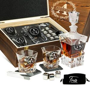 personalized whiskey decanter and stones set - customized gift for men, dad, father - engraved rocks whiskey decanter, 2 xl glasses, 8 whisky cubes, 2 coasters, tongs, pouch in wooden gift box