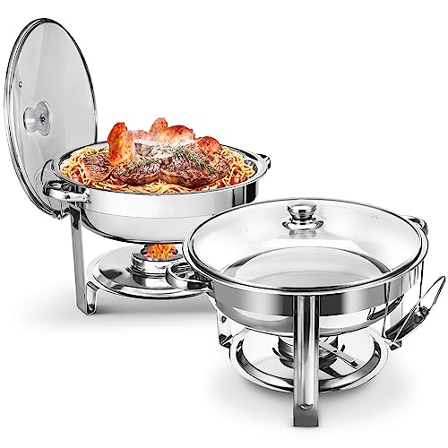 Warmounts Chafing Dish Buffet Set 2 Pack, 5QT Round Chafing Dishes for Buffet with Glass Lid & Lid Holder, Stainless Steel Chafers and Buffet Warmers Sets for Parties, Events, Wedding, Camping, Dinner