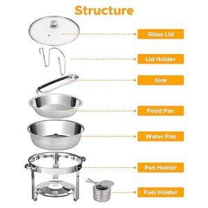 Warmounts Chafing Dish Buffet Set 2 Pack, 5QT Round Chafing Dishes for Buffet with Glass Lid & Lid Holder, Stainless Steel Chafers and Buffet Warmers Sets for Parties, Events, Wedding, Camping, Dinner