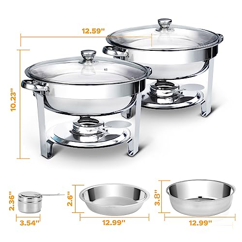 Warmounts Chafing Dish Buffet Set 2 Pack, 5QT Round Chafing Dishes for Buffet with Glass Lid & Lid Holder, Stainless Steel Chafers and Buffet Warmers Sets for Parties, Events, Wedding, Camping, Dinner