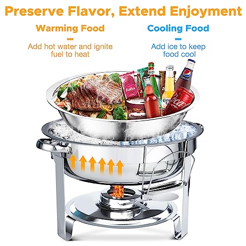 Warmounts Chafing Dish Buffet Set 2 Pack, 5QT Round Chafing Dishes for Buffet with Glass Lid & Lid Holder, Stainless Steel Chafers and Buffet Warmers Sets for Parties, Events, Wedding, Camping, Dinner