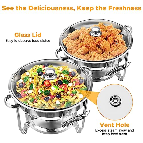 Warmounts Chafing Dish Buffet Set 2 Pack, 5QT Round Chafing Dishes for Buffet with Glass Lid & Lid Holder, Stainless Steel Chafers and Buffet Warmers Sets for Parties, Events, Wedding, Camping, Dinner