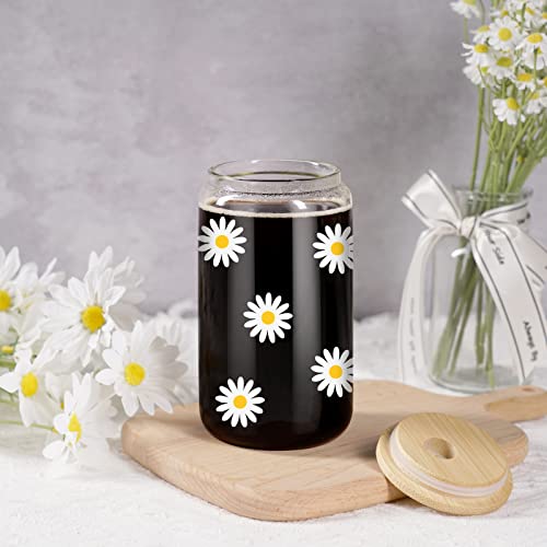 GSPY Daisy Aesthetic Cups, Iced Coffee Cup, Cute Glass Cup with Lid & Straw - Iced Coffee Glass, Flower Mug, Floral Glass Cup, Glass Coffee Tumbler - Birthday, Daisy Gifts for Women, Coffee Lover