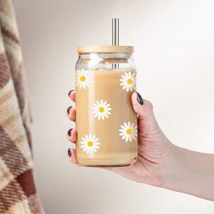 GSPY Daisy Aesthetic Cups, Iced Coffee Cup, Cute Glass Cup with Lid & Straw - Iced Coffee Glass, Flower Mug, Floral Glass Cup, Glass Coffee Tumbler - Birthday, Daisy Gifts for Women, Coffee Lover