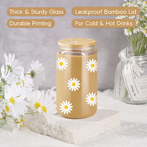 GSPY Daisy Aesthetic Cups, Iced Coffee Cup, Cute Glass Cup with Lid & Straw - Iced Coffee Glass, Flower Mug, Floral Glass Cup, Glass Coffee Tumbler - Birthday, Daisy Gifts for Women, Coffee Lover