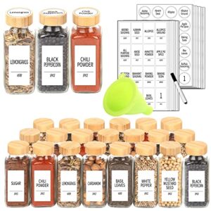 swommoly 24 pcs glass spice jars with labels, 8 oz spice jars with bamboo lids, empty spice bottles with shaker lids, spice containers with 366 white spice labels, chalk marker, funnel set