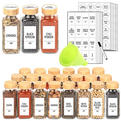 SWOMMOLY 24 Pcs Glass Spice Jars with Labels, 8 oz Spice Jars with Bamboo Lids, Empty Spice Bottles with Shaker Lids, Spice Containers with 366 White Spice Labels, Chalk Marker, Funnel Set