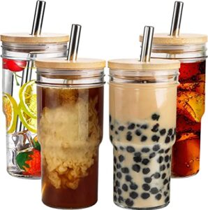 4 pack glass cups with bamboo lids and straws,22 oz glass tumbler with straw and lid,reusable boba cup smoothie cup iced coffee cup wide mouth mason jar cups drinking glasses for bubble tea,juice,gift