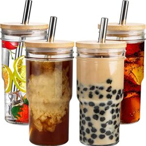 4 Pack Glass Cups with Bamboo Lids and Straws,22 oz Glass Tumbler with Straw and Lid,Reusable Boba Cup Smoothie Cup Iced Coffee Cup Wide Mouth Mason Jar Cups Drinking Glasses for Bubble Tea,Juice,Gift