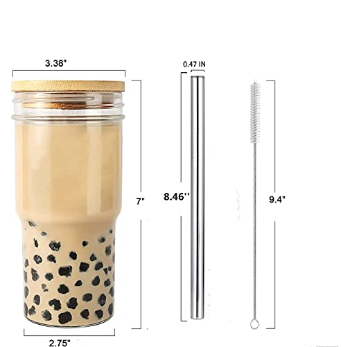 4 Pack Glass Cups with Bamboo Lids and Straws,22 oz Glass Tumbler with Straw and Lid,Reusable Boba Cup Smoothie Cup Iced Coffee Cup Wide Mouth Mason Jar Cups Drinking Glasses for Bubble Tea,Juice,Gift