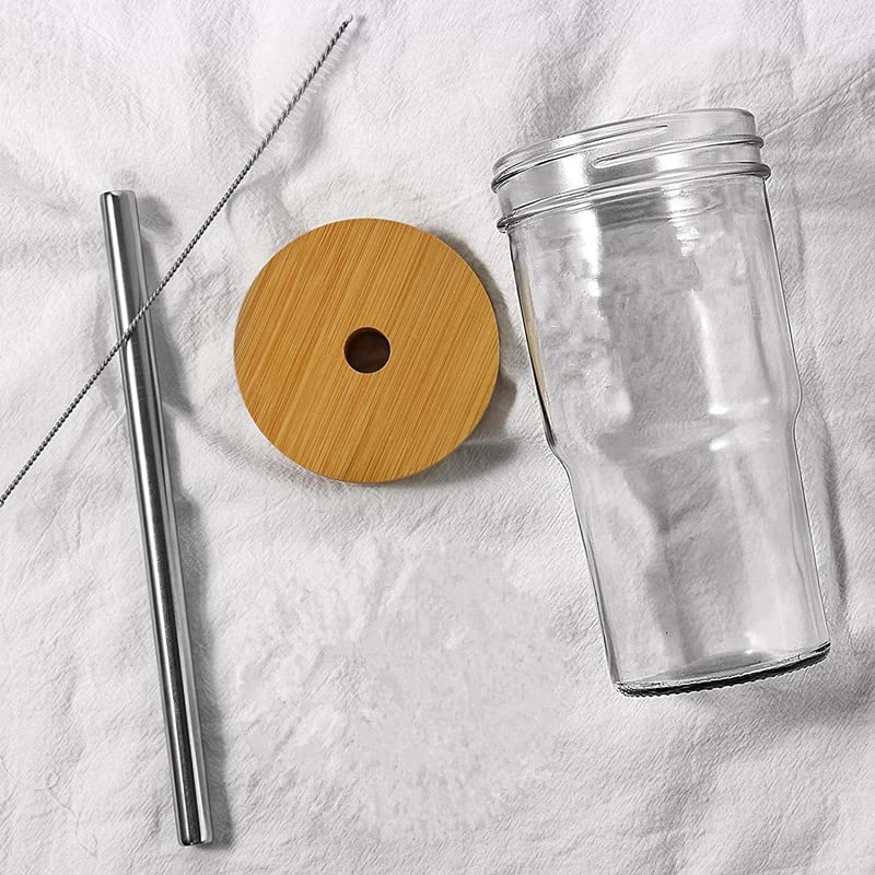 4 Pack Glass Cups with Bamboo Lids and Straws,22 oz Glass Tumbler with Straw and Lid,Reusable Boba Cup Smoothie Cup Iced Coffee Cup Wide Mouth Mason Jar Cups Drinking Glasses for Bubble Tea,Juice,Gift