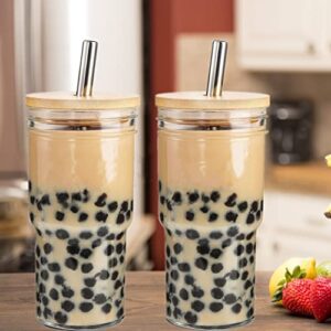 4 Pack Glass Cups with Bamboo Lids and Straws,22 oz Glass Tumbler with Straw and Lid,Reusable Boba Cup Smoothie Cup Iced Coffee Cup Wide Mouth Mason Jar Cups Drinking Glasses for Bubble Tea,Juice,Gift