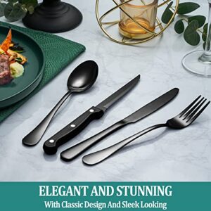 24 Pcs Black Silverware Set with Steak Knives Service for 4,Stainless Steel Flatware Set,Mirror Polished Cutlery Utensil Set,Kitchen Eating Tableware Set,Include Fork Knife Spoon Set,Dishwasher Safe