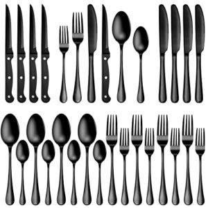 24 pcs black silverware set with steak knives service for 4,stainless steel flatware set,mirror polished cutlery utensil set,kitchen eating tableware set,include fork knife spoon set,dishwasher safe