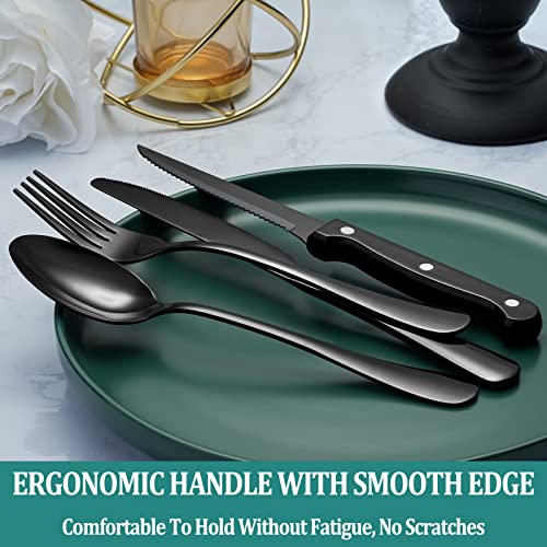 24 Pcs Black Silverware Set with Steak Knives Service for 4,Stainless Steel Flatware Set,Mirror Polished Cutlery Utensil Set,Kitchen Eating Tableware Set,Include Fork Knife Spoon Set,Dishwasher Safe