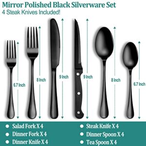 24 Pcs Black Silverware Set with Steak Knives Service for 4,Stainless Steel Flatware Set,Mirror Polished Cutlery Utensil Set,Kitchen Eating Tableware Set,Include Fork Knife Spoon Set,Dishwasher Safe