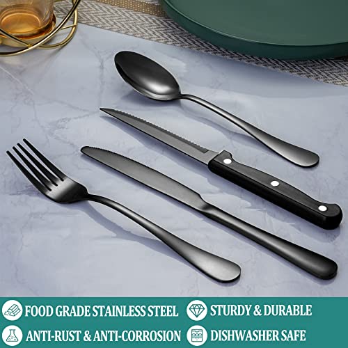 24 Pcs Black Silverware Set with Steak Knives Service for 4,Stainless Steel Flatware Set,Mirror Polished Cutlery Utensil Set,Kitchen Eating Tableware Set,Include Fork Knife Spoon Set,Dishwasher Safe