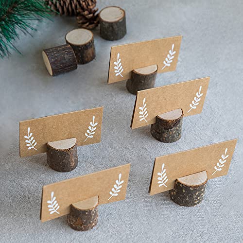 Wettin 24Pcs Rustic Wooden Place Card Holders and 30Pcs Kraft Table Name Place Cards, Wood Table Number Holders, Wood Photo Holders, Name Card Photo Picture Clips for Thanksgiving Dinner Party.