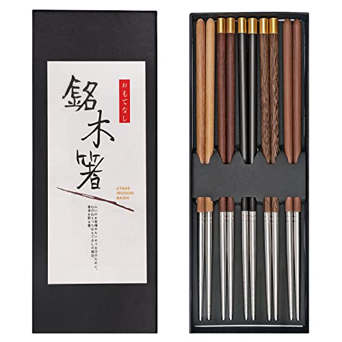 AKONEGE Reusable Chopsticks Wood Splicing Stainless Steel Chopsticks Metal Chopstick Lengthen Japanese Korean Chop Sticks 5 Pairs Gift Set, 9.8 inch